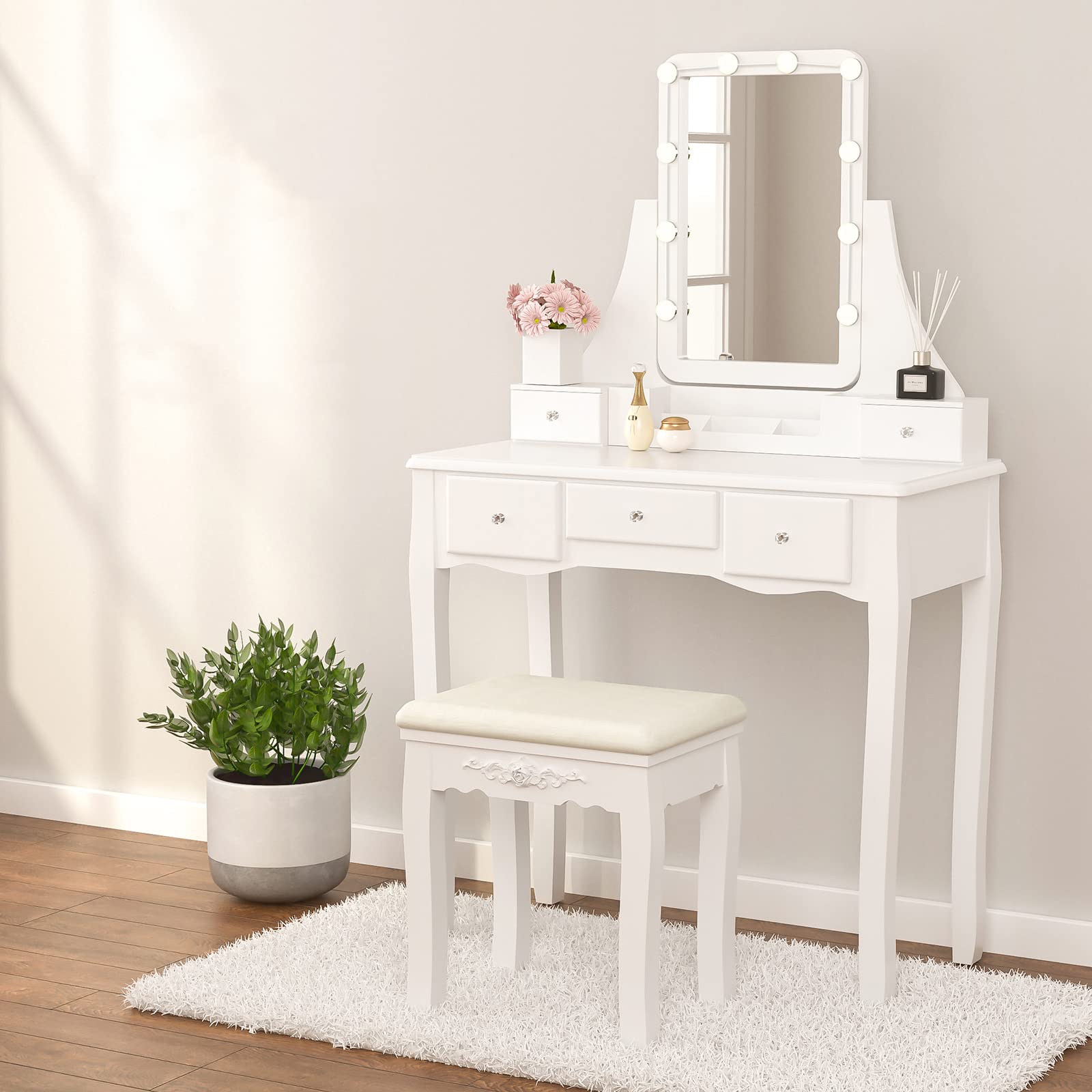 GinguoHome Vanity Set with Lighted Mirror Dimming, Makeup Vanity w/Touch Screen Switch,Dressing Table with Cushioned Stool&5 Drawers,3 Removable Dividers for Bedroom Vanity Desk White
