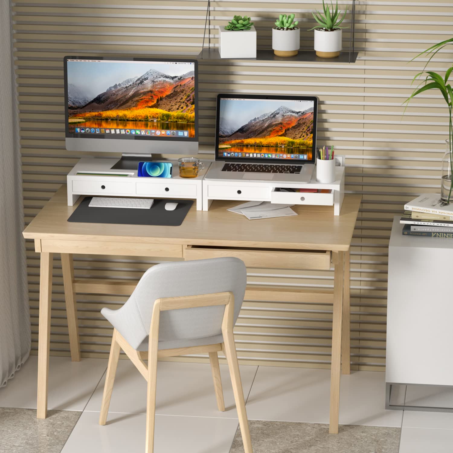 Monitor Stand Riser with Drawer - White Laptop Stand, Bamboo Desktop Shelf Organizer for Computer, TV, Printer, Office Supplies & Accessories with Phone Holder & Cups Slot, No Assembly Needed