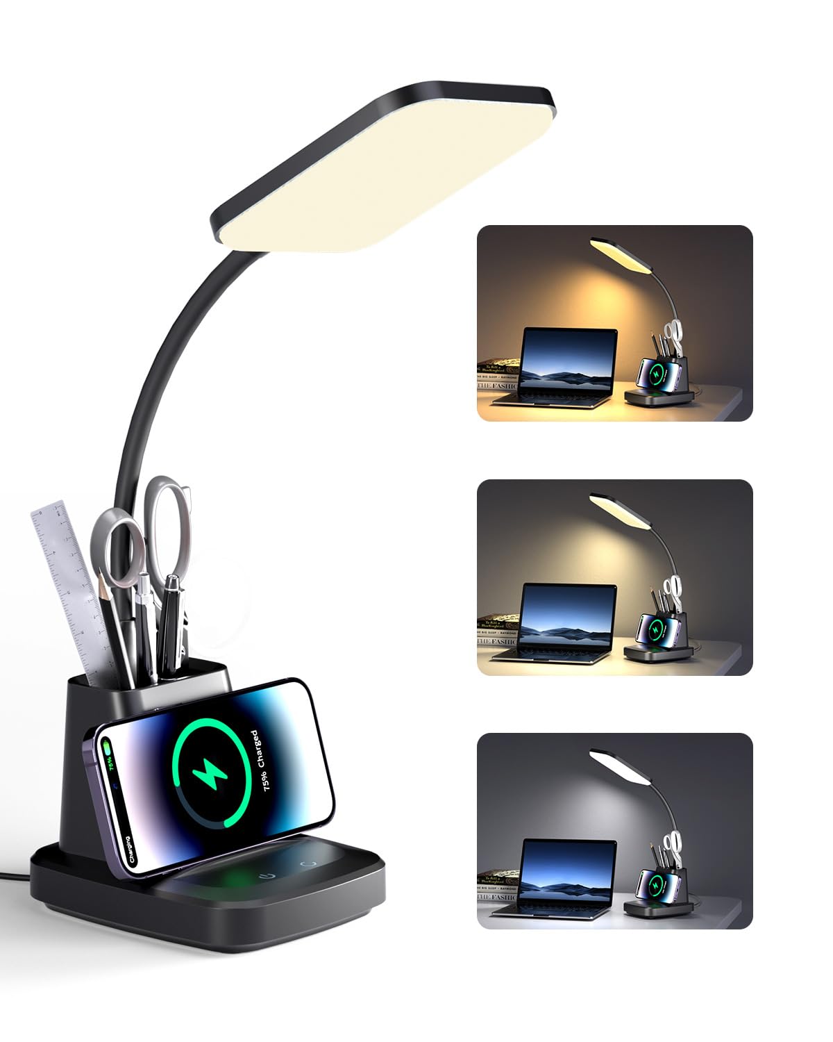 GOLSPARK Desk Lamp with Wireless Charger, LED Desk Lamp for Home Office 3 Color Modes CRI90+ Eye-Caring Reading Light with Pen Holder, Dimmable Gooseneck Touch Control Table Lamp for College Dorm Room