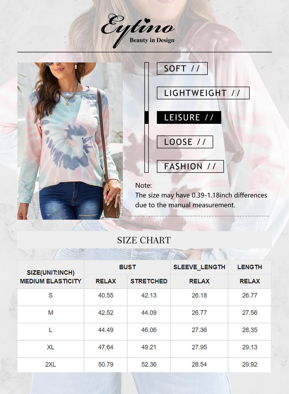 Eytino Women Tie Dye Printed Crew Neck Long Sleeve Pullover Sweatshirt Tops,Large Gray
