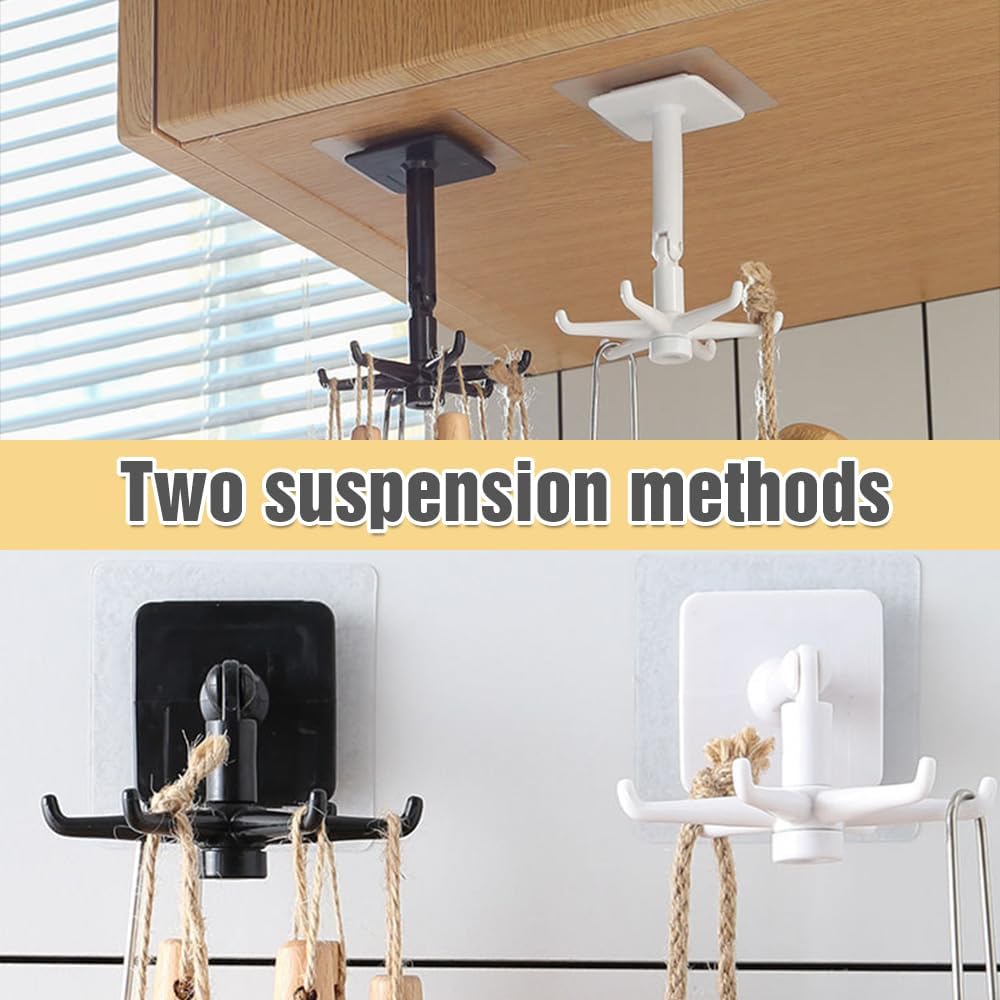 Probablei 360° Rotating Folding Hook, 360 Degrees Rotating Folding Hook, Hanging Utensil Holder, Multi-Purpose Hanging Utensil Holder Hooks, Self-Adhesive, for Kitchen Bathroom (6-Black,One Size)