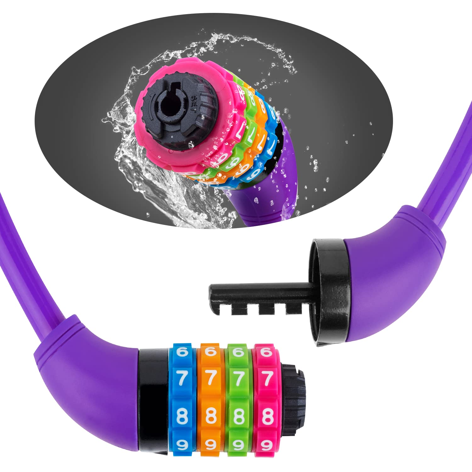 IDEALUX Bike Lock Cable, Bicycle Cable Lock with 4 Digit Combination & Large Lock Head, Resettable Kids Bike Cable Lock, 2 Ft x β
1/2 IN, Lock for Bike, Scooter, Skateboard, motorcycle, E Bike (Purple)