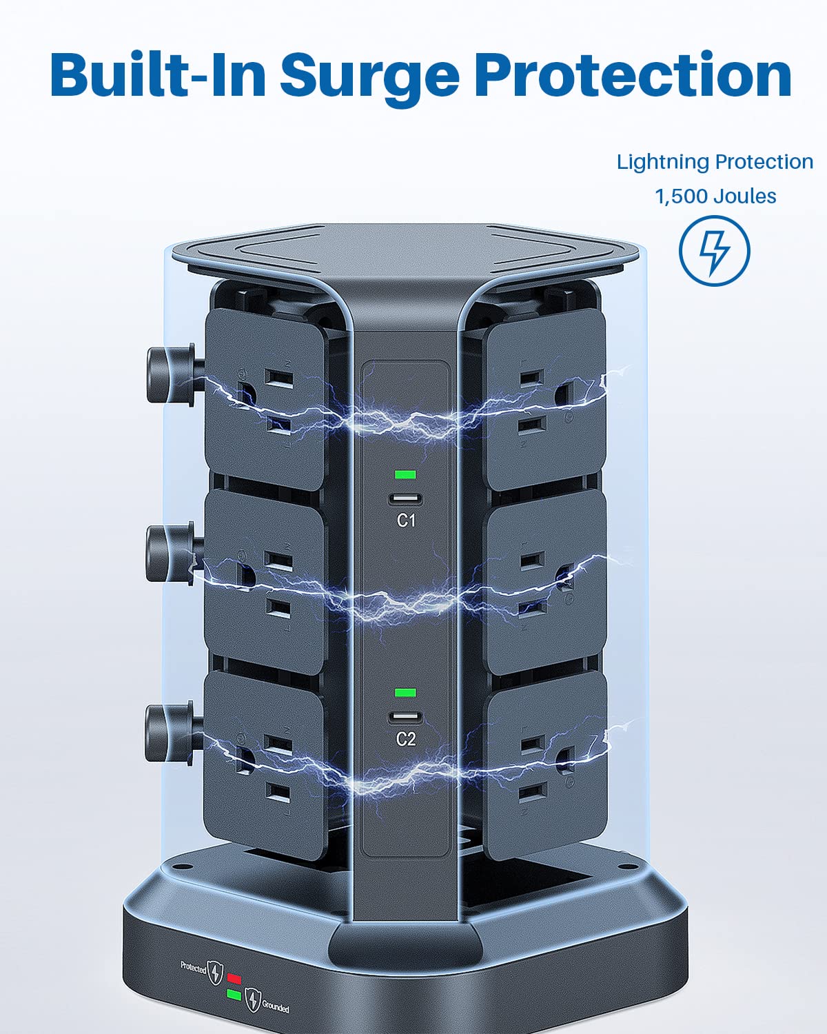 KOOSLA [65W] PD Power Strip Tower Surge Protector, USB C Desktop Charging Station with 12 Widely Spaced AC Outlets / 2 USB-C / 3 USB-A Ports, 6.5ft Heavy-Duty Extension Cord for Home Office Dorm…