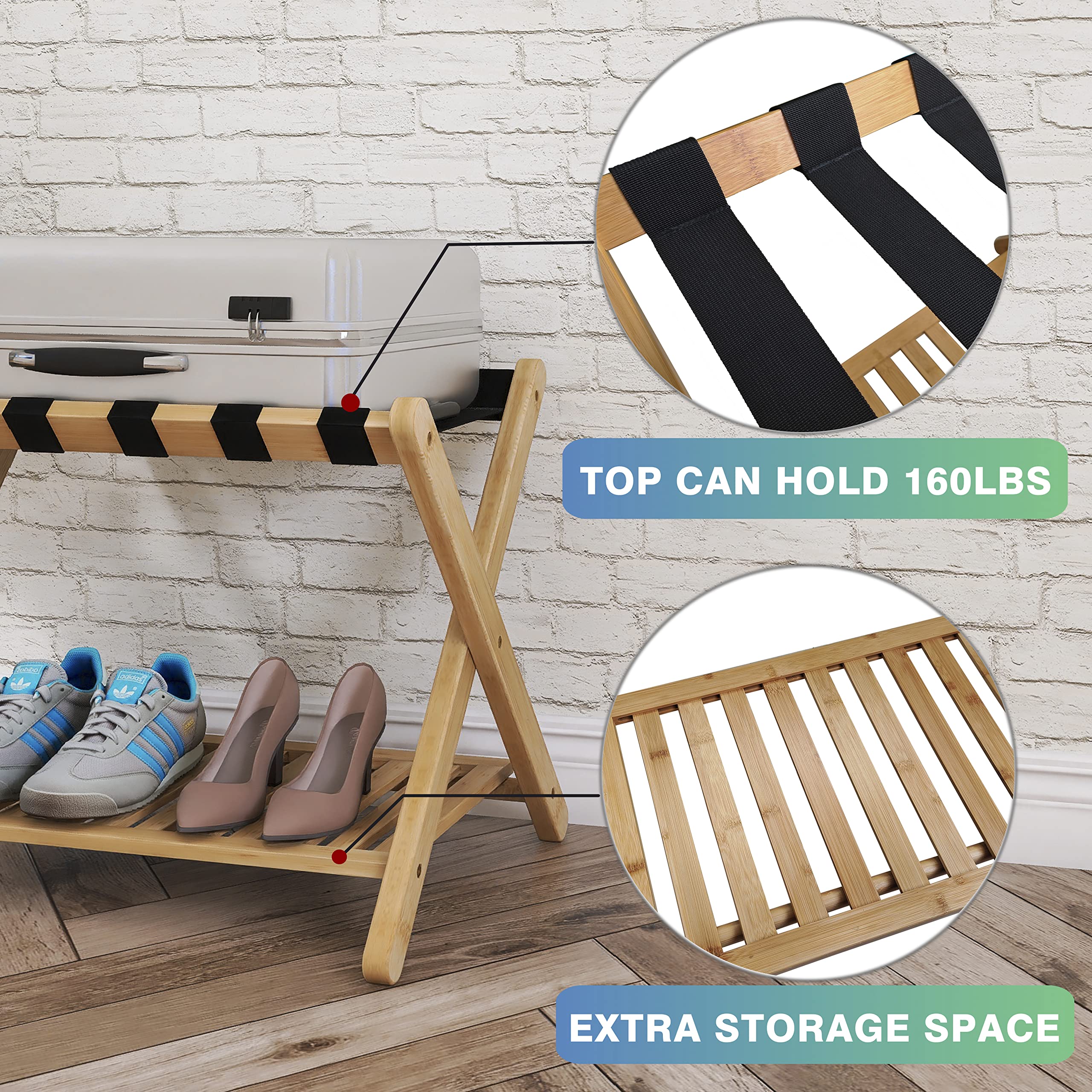 SMIBUY Luggage Rack, Set of 2, Foldable Bamboo Suitcase Stand with Storage Shelf for Guest Room, Bedroom, Hotel, Heavy-Duty (Natural)