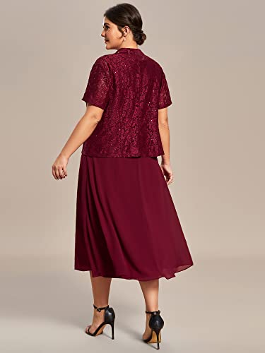 Ever-Pretty Plus Women's Curve Square Neck Lace Cardigan Chiffon Knee Length Plus Size Evening Dress Burgundy US22