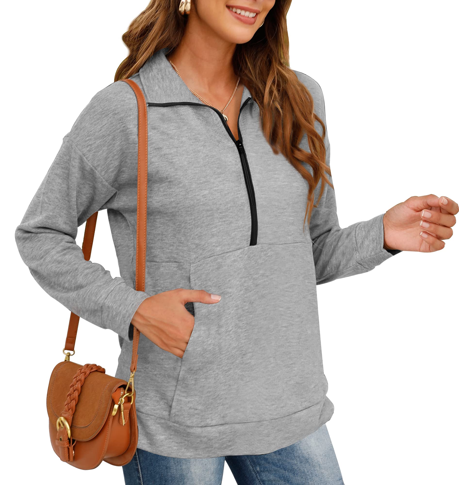 Glanzition Grey Sweatshirt for Women Winter Long Sleeve Zip Up Collar Pullover Sweatshirts L