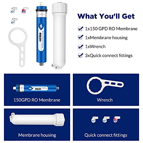 Membrane Solutions 150 GPD RO Membrane, Reverse Osmosis Membrane with Membrane Housing, Replacement for Under Sink Home Drinking RO Water Filter System, Wrench, 1/4" Quick-Connect Fittings,Check Valve