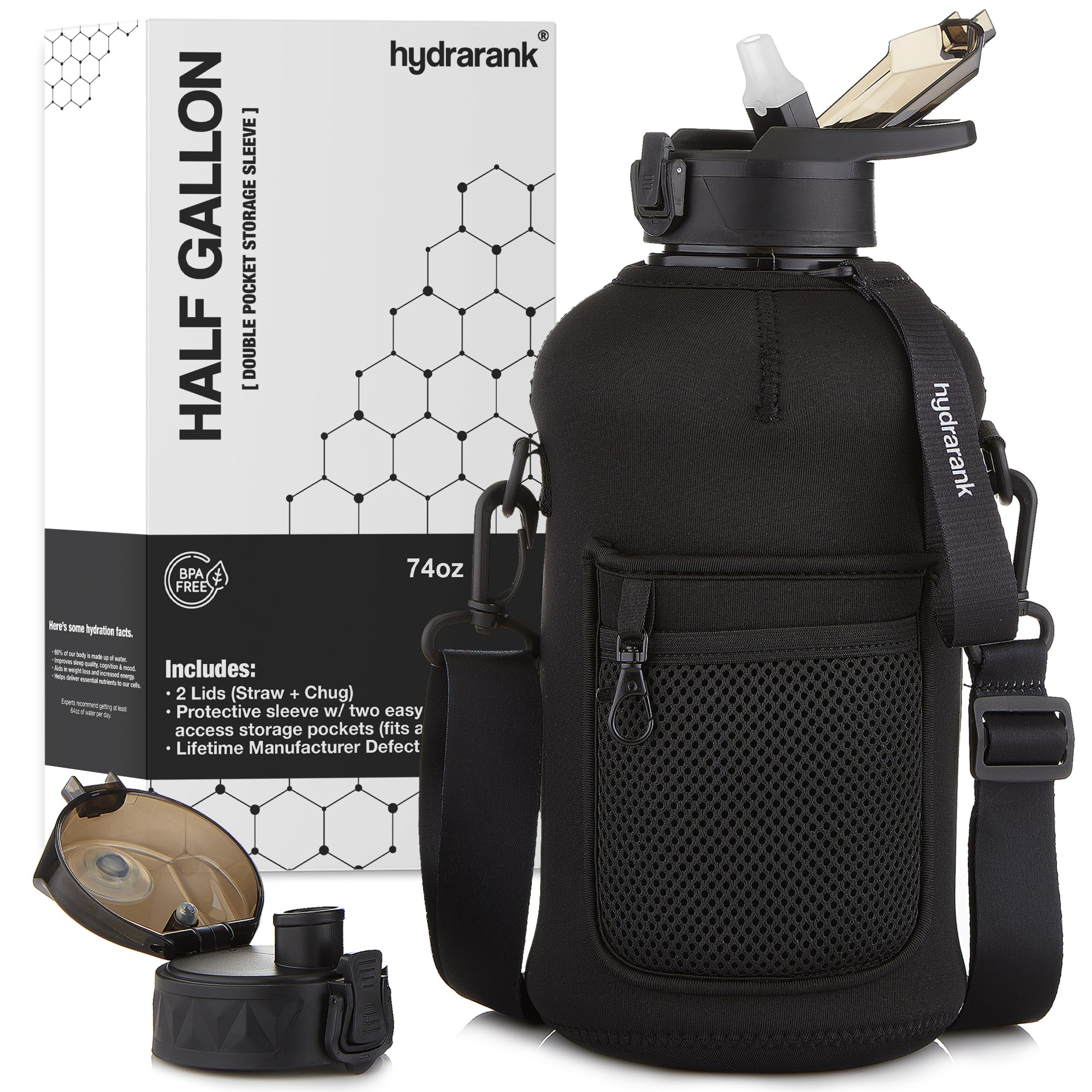 Half Gallon Water Bottle with Storage Sleeve and Straw Lid - BPA Free Large Gym Water Bottle with Pockets - Leak Proof - Reusable Black Water Jug with Strap, Handle for Daily Hydration (74 Ounce)