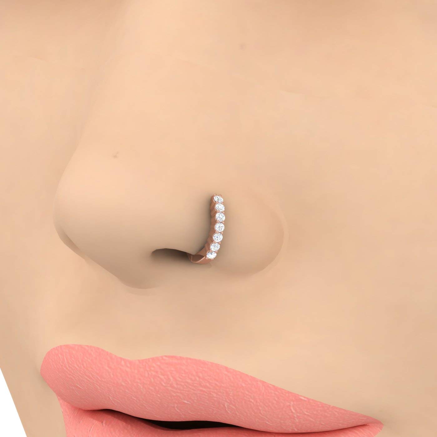 FINEROCK 1/10 Carat 7-Stone Diamond Nose Pin Hoop in 14K Rose Gold (SI1-SI2 Clarity)