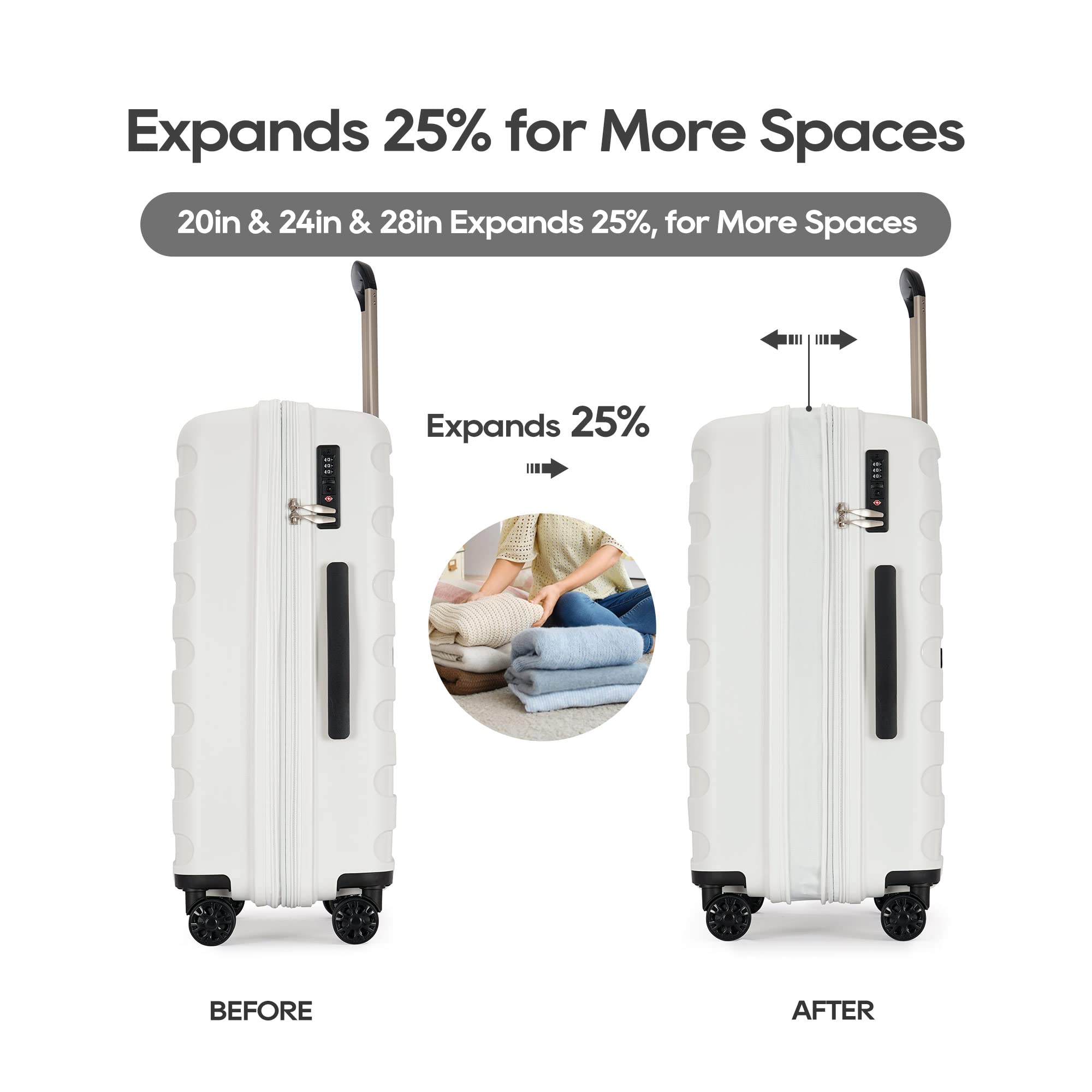 GinzaTravel 3-piece set white color luggage with scratch-resistant PP material, expandable((all 20 24 28), Super light, thickened, large-capacity double seal suitcase