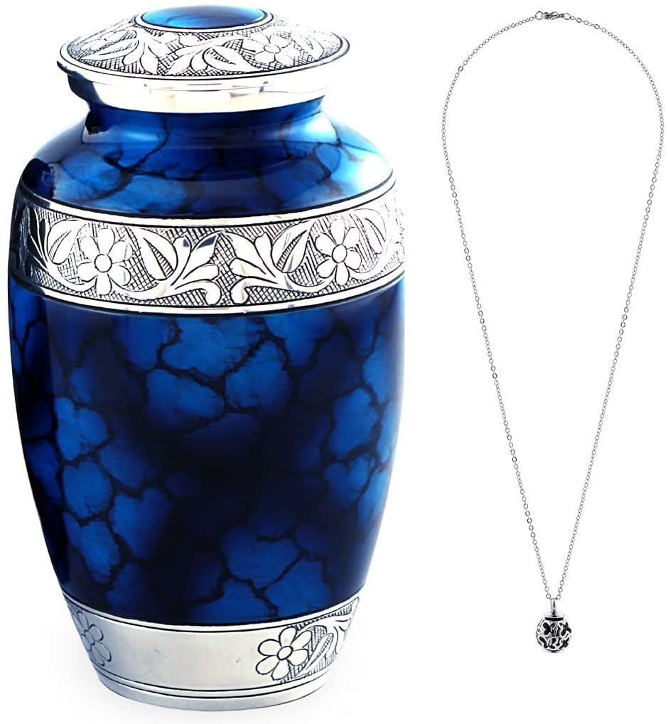 Final Abode Cremation Memorial Urn for Ashes and Stainless Steel Pendant Necklace - Blue Funeral Burial Engravable Urn - Pendant with Chain Engraved - Protective Black Velvet Bag for Transport
