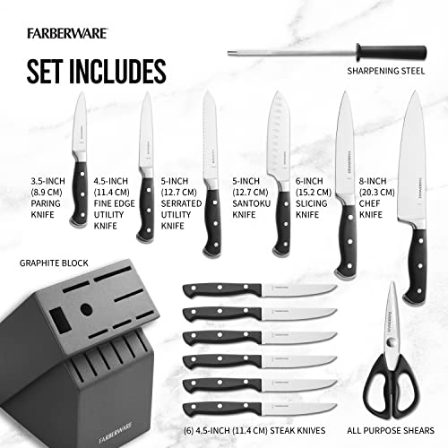 Farberware 15-Piece Forged Triple Riveted Knife Block Set, High Carbon-Stainless Steel Kitchen Knives, Razor-Sharp Knife Set with Wood Block, Graphite