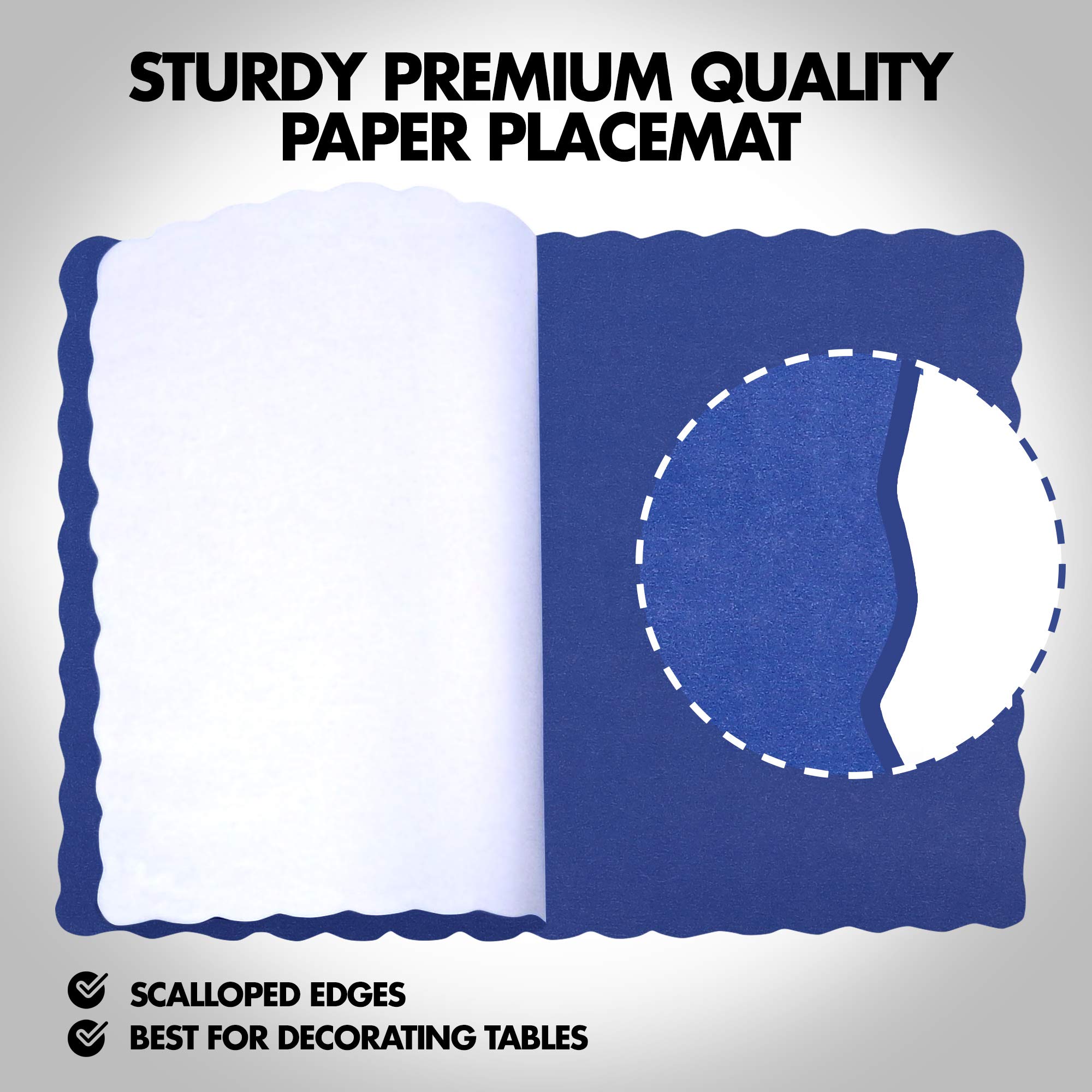 Fit Meal Prep 200 Pack Disposable Paper Placemats, 14 x 10 Inch Blue with Decorative Wavy Scalloped Edge for Restaurant Catering Dining Table, Baby Kids Birthday Parties