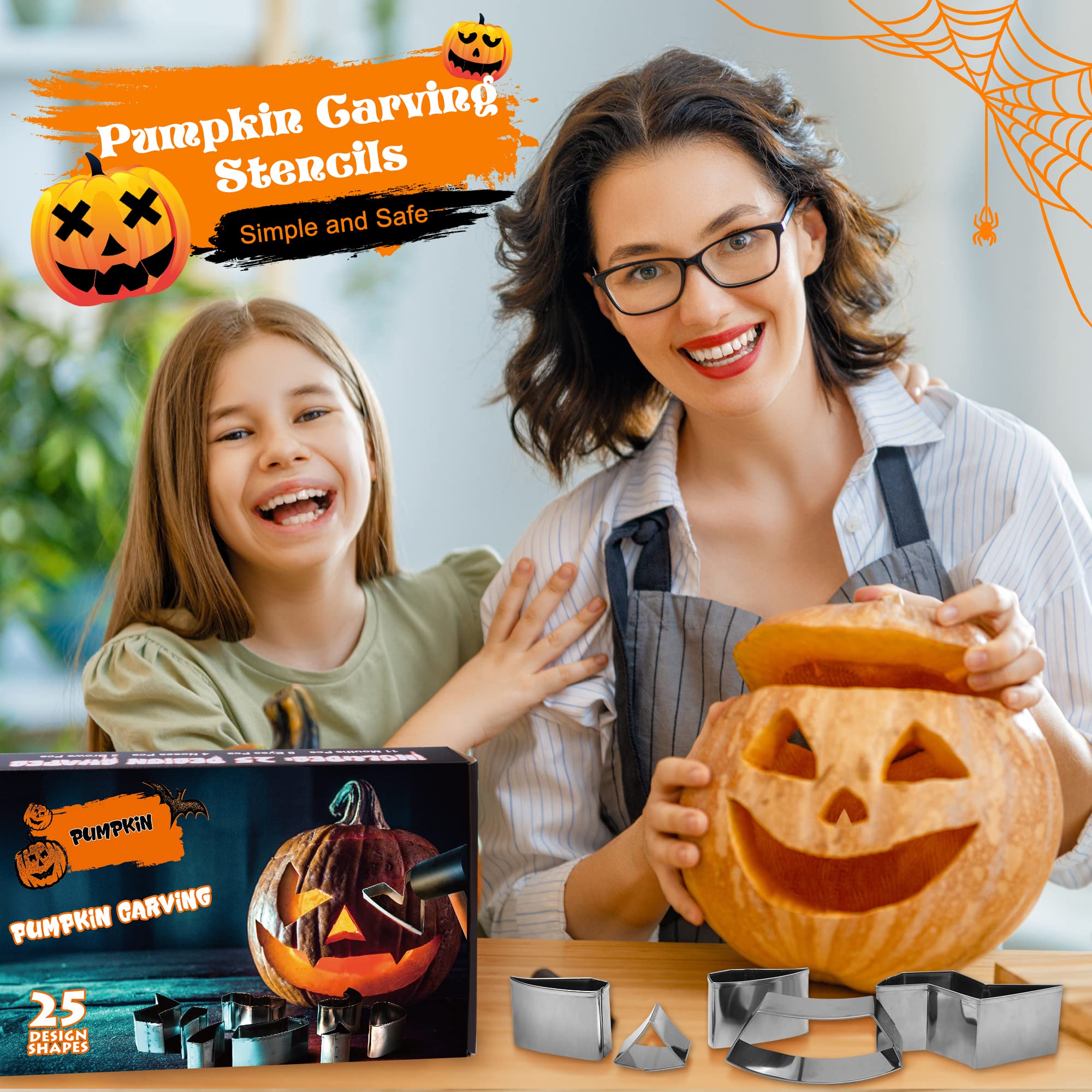 GUCED 25PCS Halloween Pumpkin Carving Kit for Kids Adults DIY Pumpkin Patterns, Safe Stainless Steel Professional Pumpkin Carving Tools Knife Set, Pumpkin Carving Stencils, Pumpkin Decorating Kit
