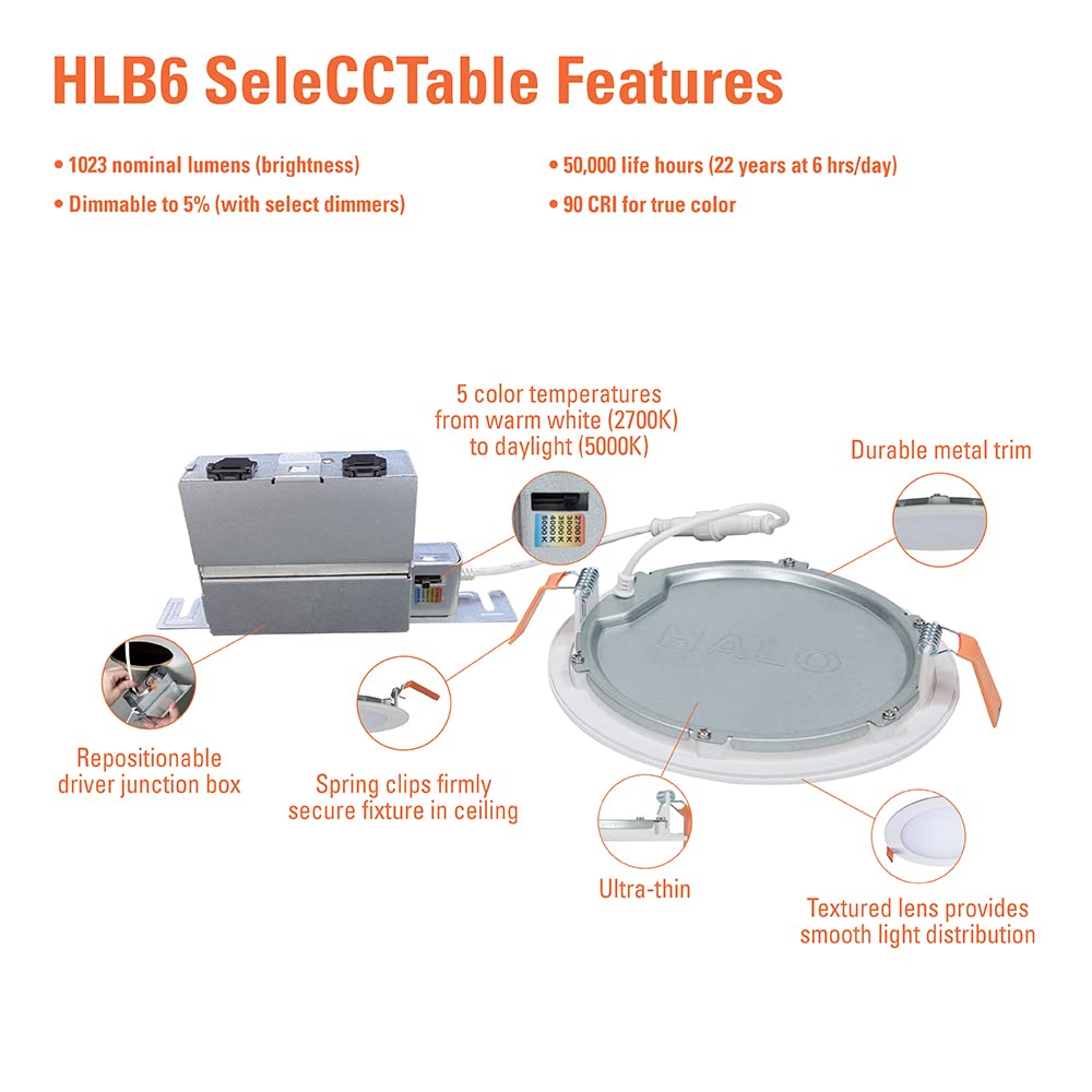 HALO 6 inch Recessed LED Ceiling & Shower Disc Light – Canless Ultra Thin Downlight – 5 CCT Selectable - White - 6 Pack