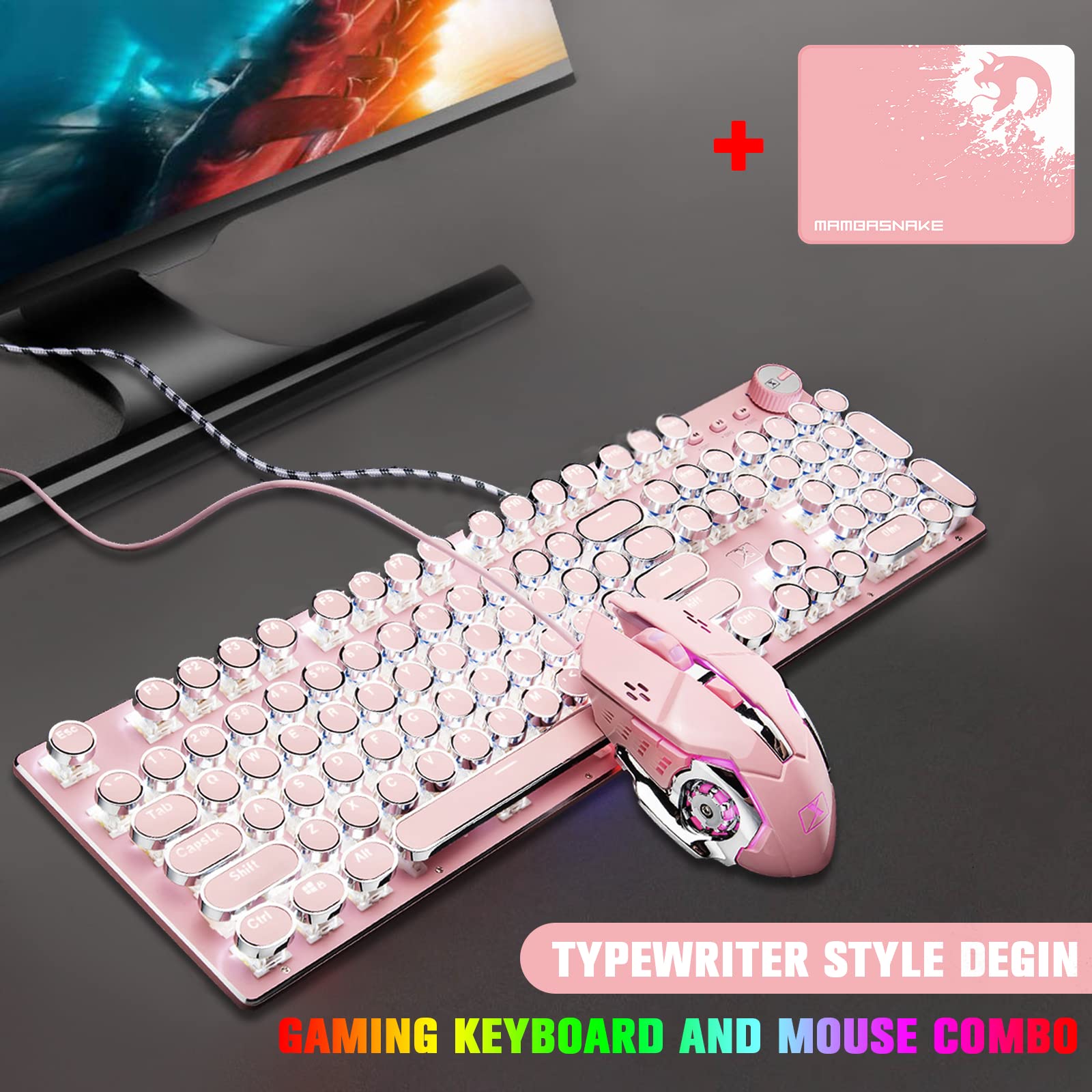 FELiCON Typewriter Pink Mechanical Gaming Keyboard and Mouse Combo White Light Retro Punk Round Keycaps Keyboard with 104 Keys Anti-Ghosting Blue Switch RGB Backlit Mouse Mice Pad for Office Work