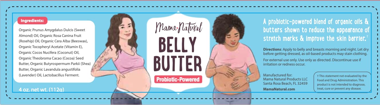 Mama Natural Stretch Mark Cream For Pregnancy | 100% Organic Belly Butter (4oz) for Stretch Mark Prevention & Stretch Mark Remover | Probiotic Powered Belly Balm