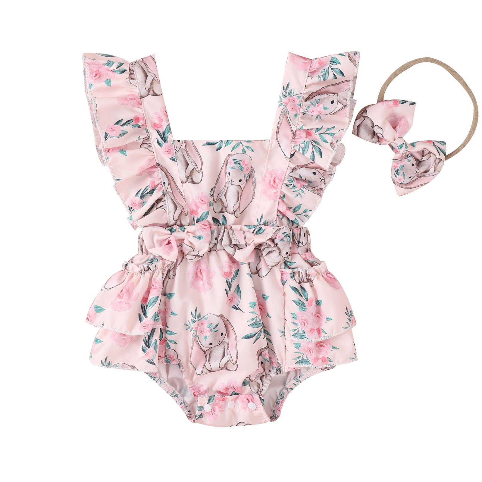 Newborn Baby Girls Easter Outfits Bunny Romper Ruffled Sleeve Bodysuit One-Piece Jumpsuit Shorts Summer Clothes (Pink, 0-3 Months)