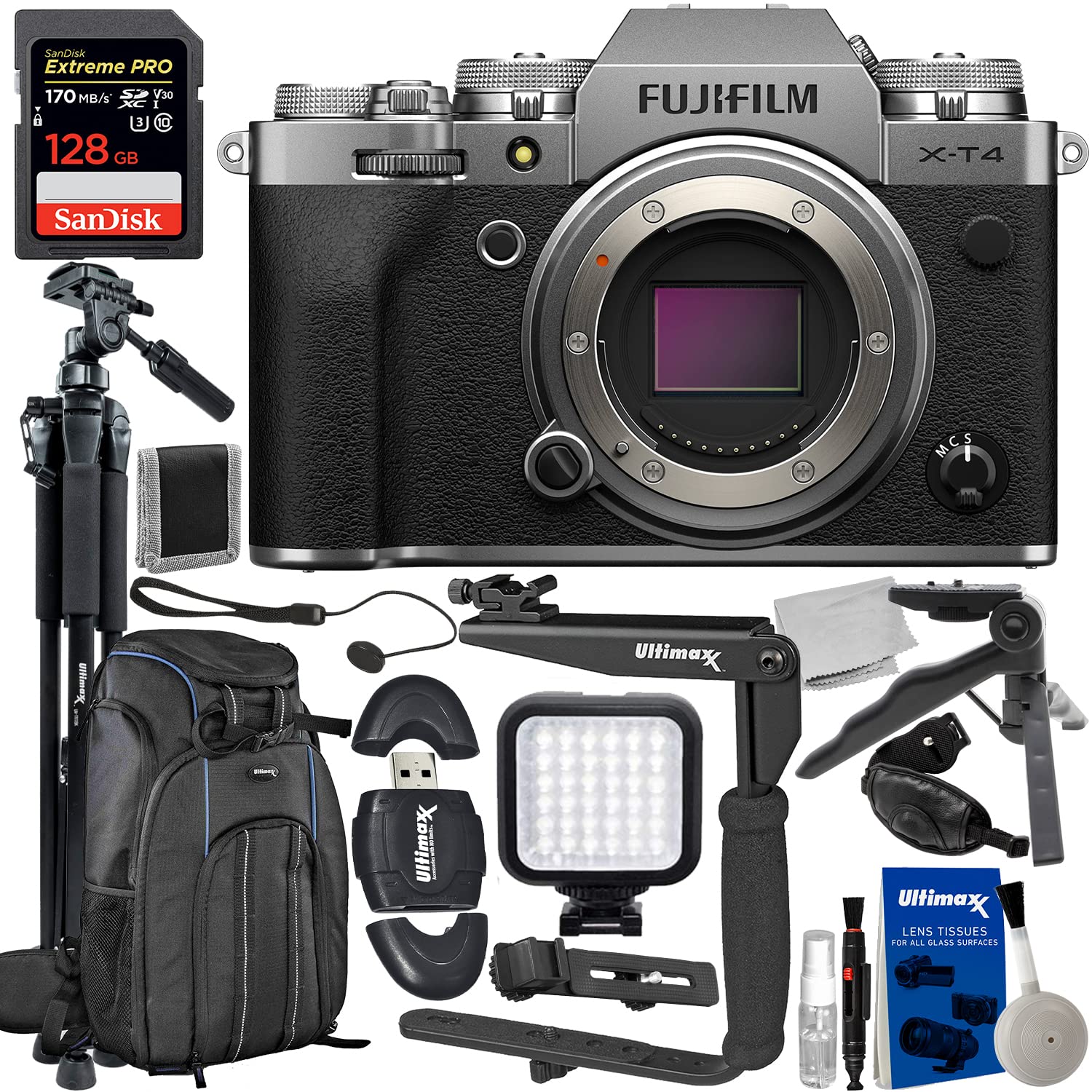 FUJIFILM X-T4 Mirrorless Camera (Silver - Body Only) + SanDisk 128GB Extreme Pro SDXC, Lightweight 72” Tripod, 180° Flash Bracket, Deluxe Water-Resistant Camera Backpack & Much More (26pc Bundle)