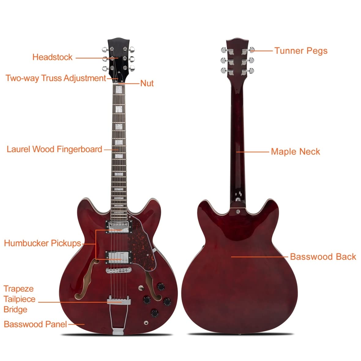 Ktaxon 6 String Electric Guitar, Semi-Hollow Body Full-Size Standard Jazz Electric Guitars Kit with Shoulder Strap, Bag, Cable, Plectrum for Beginner Professional (Wine Red)