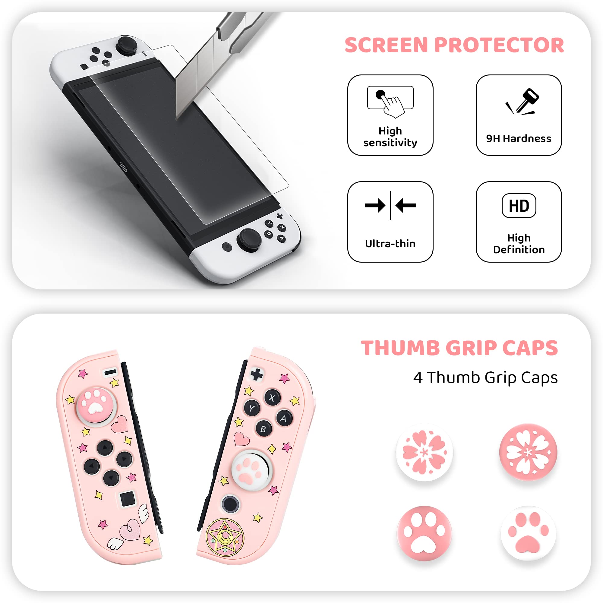 GLDRAM Anime Girl Protective Case for Nintendo Switch OLED, Cute Dockable Case Cover Compatible with Switch OLED Console and Joy Con, Hard PC Pink Skin Accessories with 4 Thumb Caps & Screen Protector