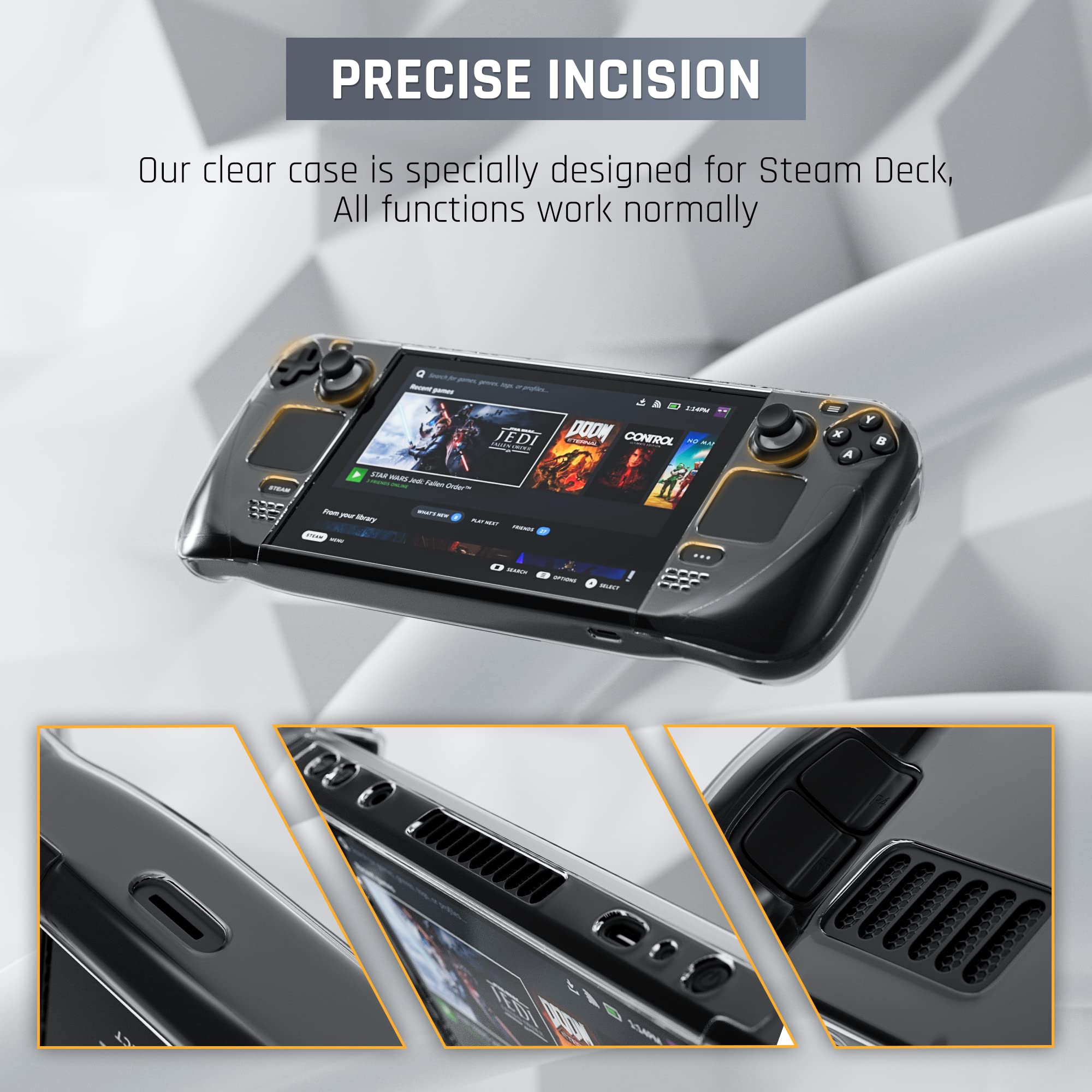 GLDRAM Protective Case for Valve Steam Deck, Clear PC Cover Kit Compatible with Steam Deck with 2 Glass Screen Protector, 8 Thumb Grip Caps, Hard Shell Accessories Drop Protection, Anti- Scratch