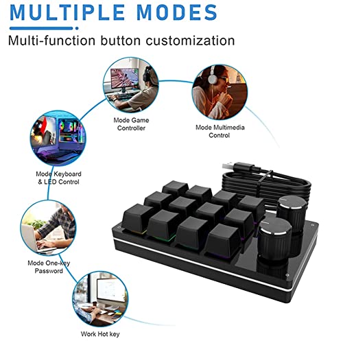 Jteyult Cable USB Macro Mini Keyboard 12 2 Knob Programming Keypad Hot-Swap Customization Gaming Mechanical Keyboard(Black)