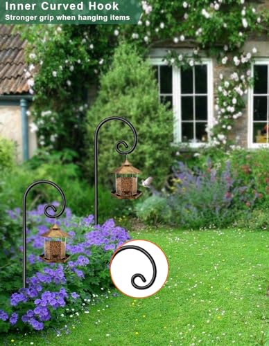Koutemie 60 Inch Outdoor Shepherd Hook for Hanging Plant, Adjustable Heavy Duty Bird Feeder Pole with 5 Prong Base for Solar Lanterns, Black & 2 Packs
