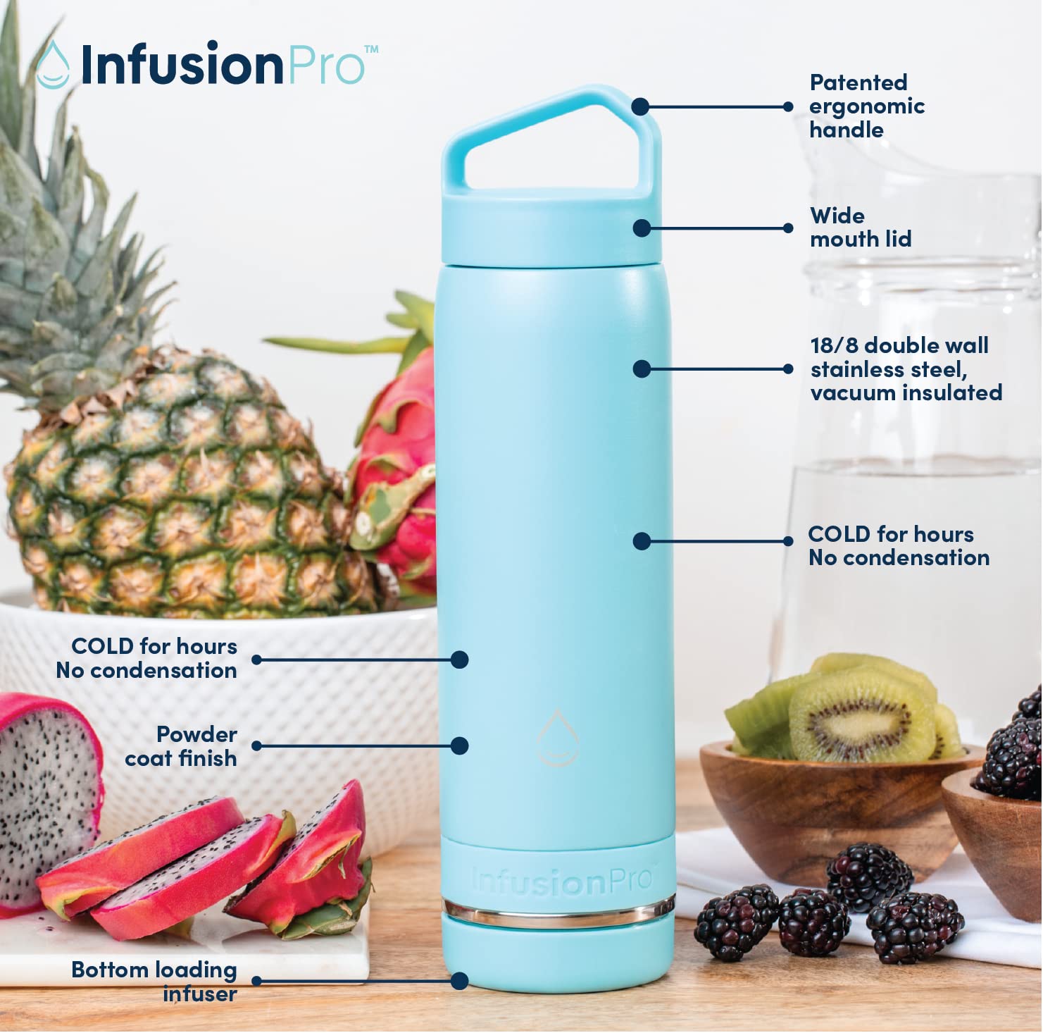 Infusion Pro Fruit Infuser Water Bottle Vacuum Insulated (20 oz) Stainless Steel : Fruit Infusion Recipe eBook : Bottom Loading Water Infuser for More Flavor : Easy Cleaning : Great Gift Water Bottle