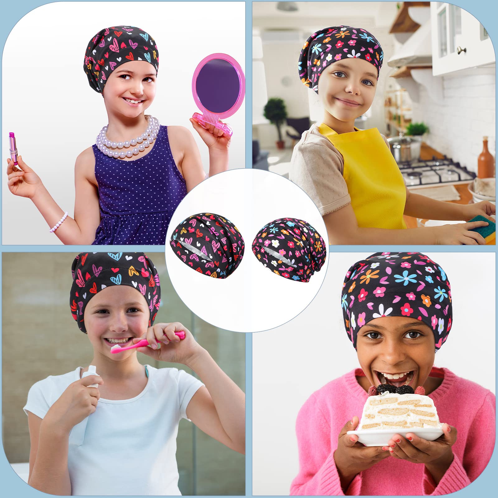 Tatuo 2 Pcs Satin Lined Hair Bonnet for Sleeping Kids Gift for Christmas Sleep Cap Head Scarf Curly Hair with Elastic Band(Cute Pattern) Multicoloured