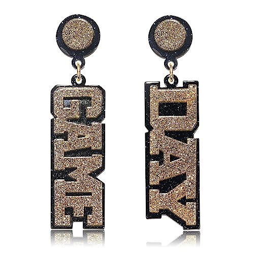 Game Day Earrings for Women, Acrylic Football Earrings Game Day Accessories Team Sports Fan Earrings Football Team Gifts (Glitter Gold&Black)