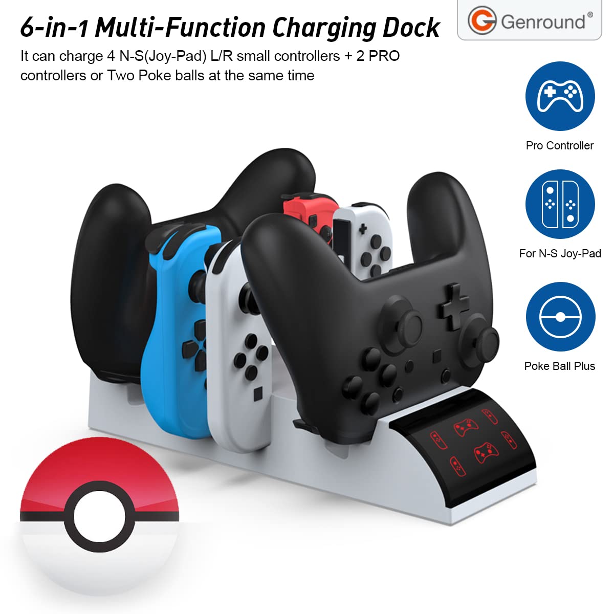 Genround PS4 Dualshocks Controller Charger Dock, Switch Charging Docking Station for Switch Joy Con Controllers/Pokeballs/SwitchOLED/PS4/PS4 Slim/PS4 Pro Controller, 6 Charging Sockets Type-C Powered