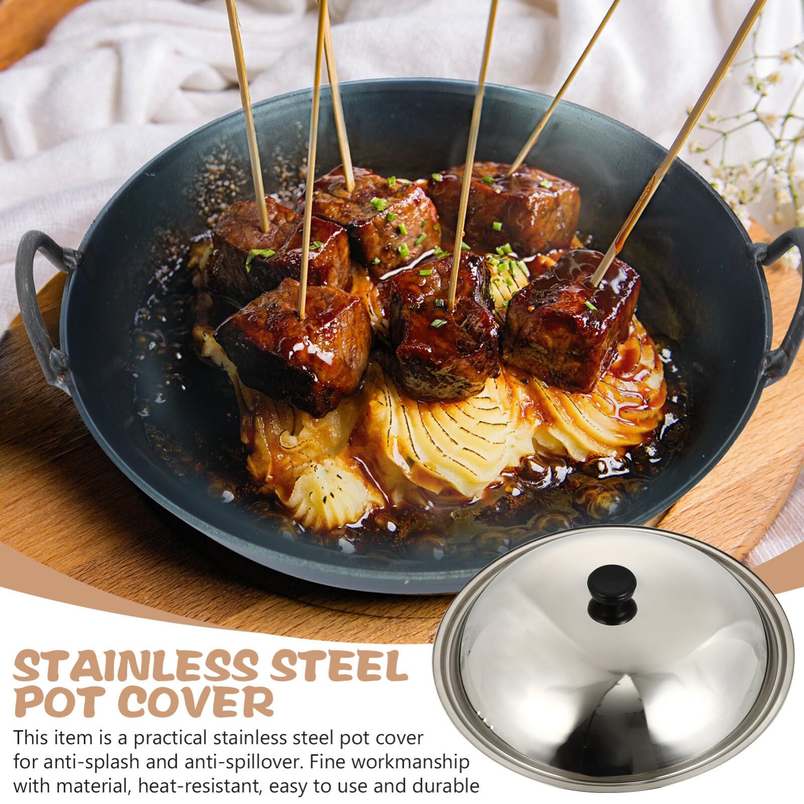 Housoutil Baking Dish Stainless Steel Wok Lid 34cm/ 13. 5inch, Wok Cover with Glass Insert and Knob, Griddle Basting Cover Cooking Pot Lid with Random Style Lid Handle for Asian Cooking