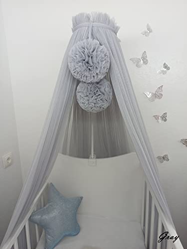 Soft canopy for nursery with holder and pompoms, Kids hanging tent for bedroom, Bed canopy, crib canopy, baby room decor, Nook baldachin (Dusty Pink)