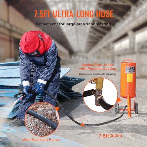 VEVOR 10 Gallon Heavy-Duty Sand Blaster, 60-110 PSI High Pressure Sandblaster, Portable Abrasive Blasting Tank, Air Sand Blasting Kit with 2 Ceramic Nozzles & 7.5ft Hose for Paint, Stain, Rust Removal