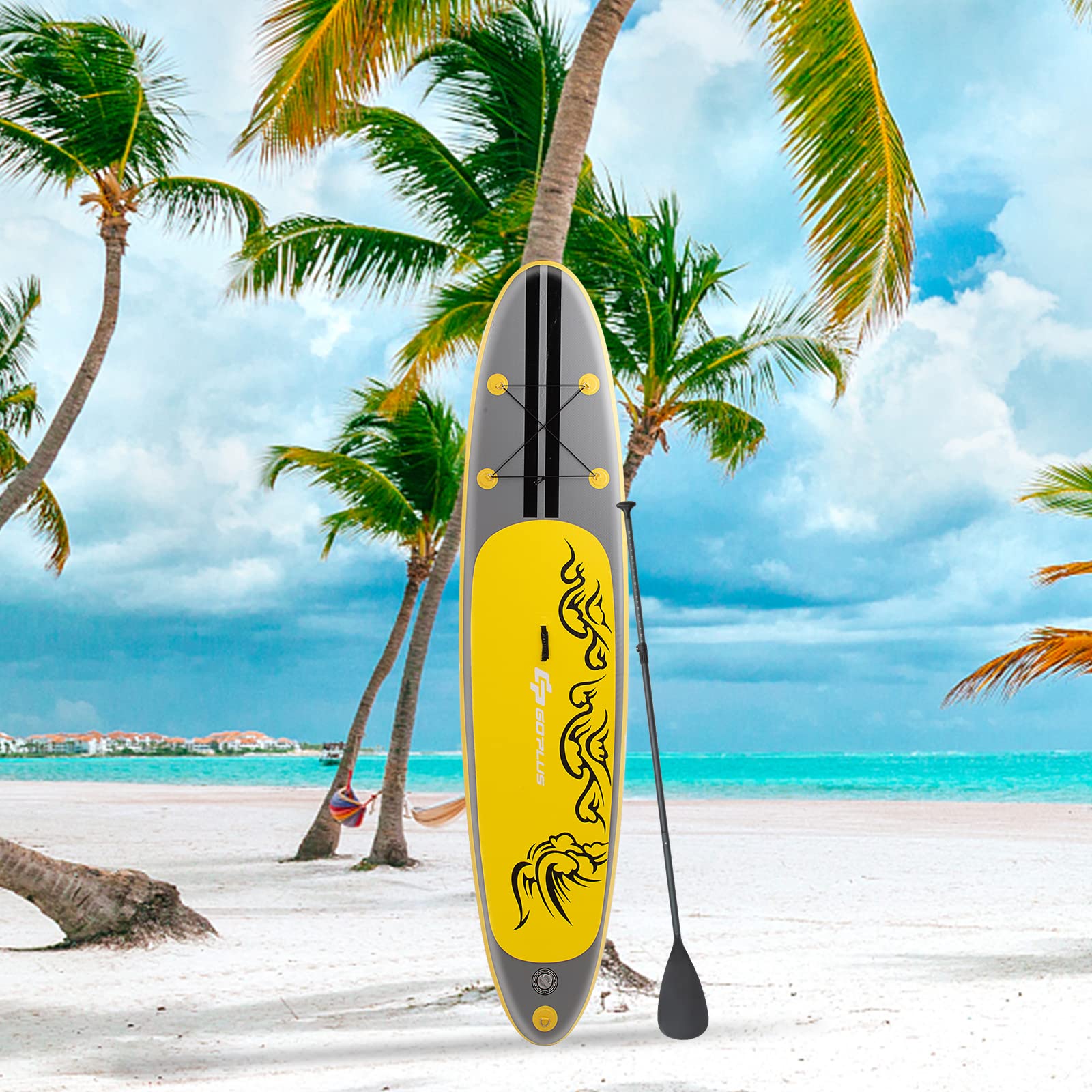 Goplus 10/ 11FT Inflatable Stand up Paddle Board Latest Inkjet Process Anti-Fading 6.5” Thick SUP with 3 Fins, Non-Slip Deck, Adjustable Paddle, Hand Pump, Carry Bag, Leash (Yellow, 11FT)