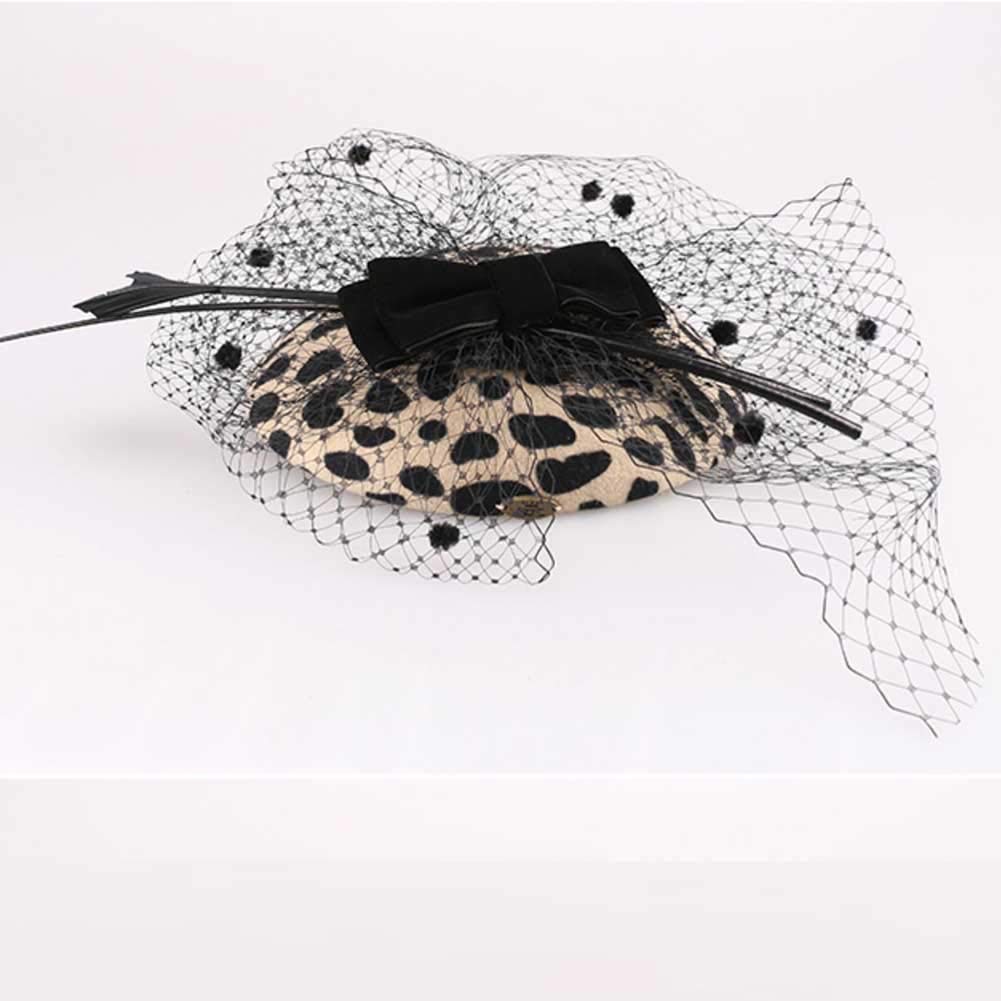 F FADVES 100% Australian Wool Pillbox Hat Black Veil Fedora Lepoard Print Fascinator