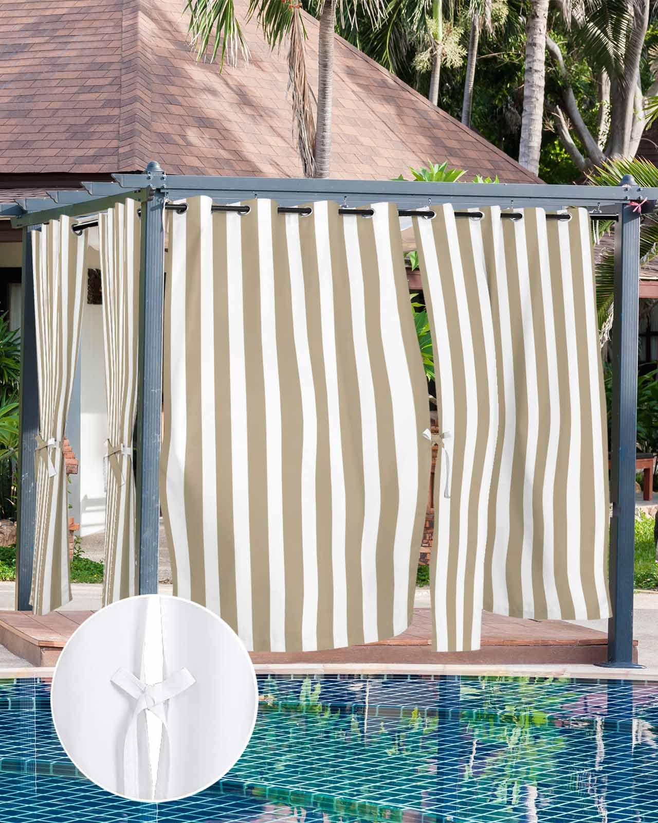 Outdoor Curtains for Patio Waterproof Stripe Indoor/Outdoor Curtain Tiebacks Khaki White Stripes Privacy Curtain Sun Blocking Farmhouse Grommet Drapes for Pergolas Gazebo Porch Balcony 2 Panel 54x84