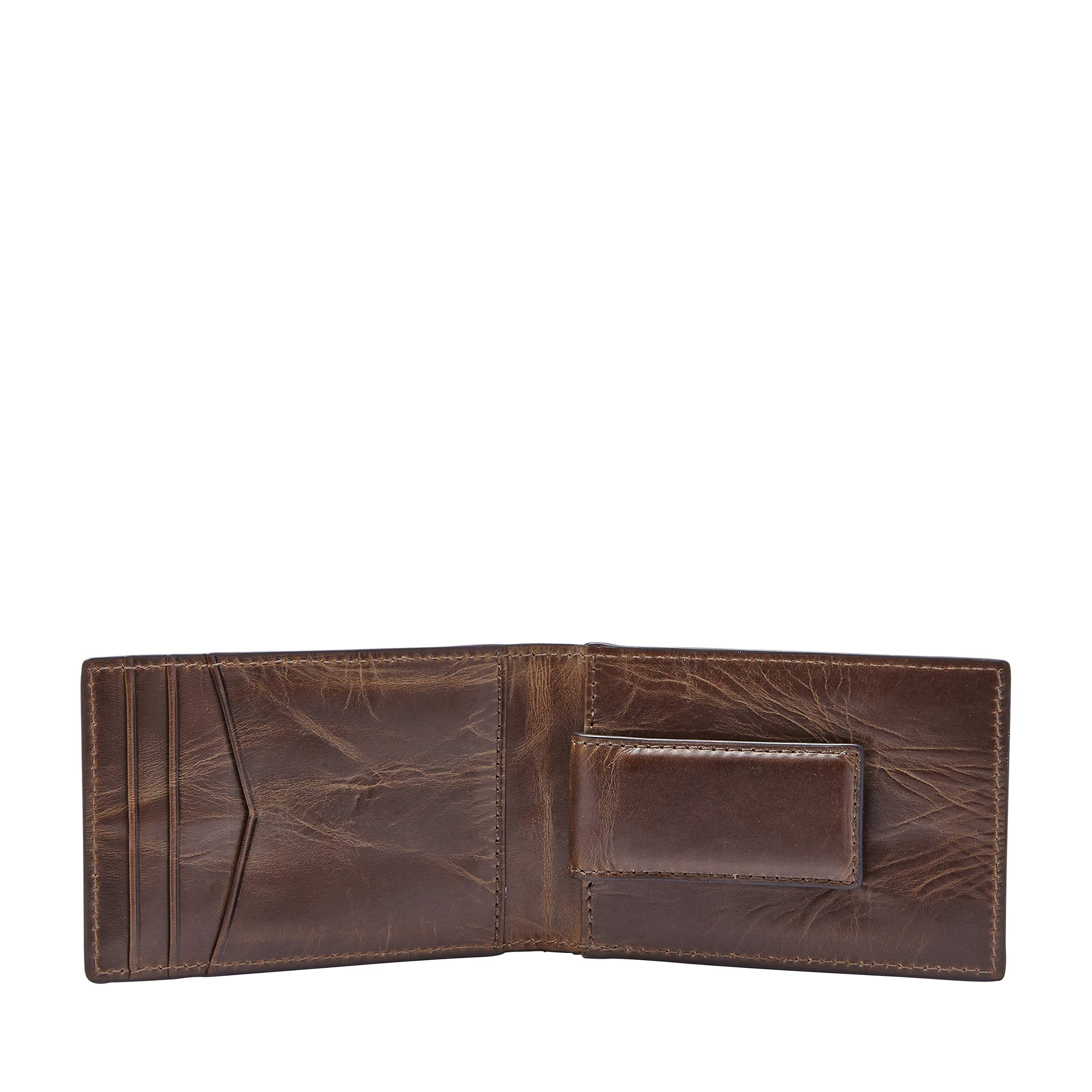 Fossil Men's Derrick Leather Slim Minimalist Magnetic Money Clip Bifold Front Pocket Wallet, Dark Brown, (Model: ML3684201)