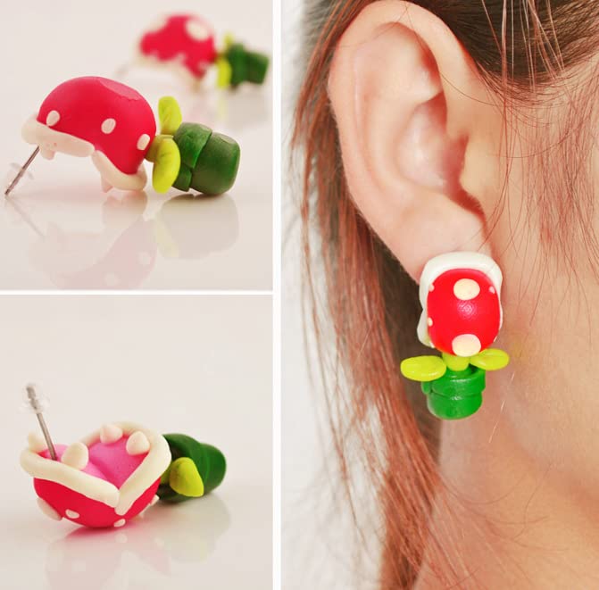 Funny Piranha Flower Earrings, Piranha Plant Maneater Cannibal Flower Chompers Corpse Flower Stud Earrings, Handmade Polymer Clay Jewelry