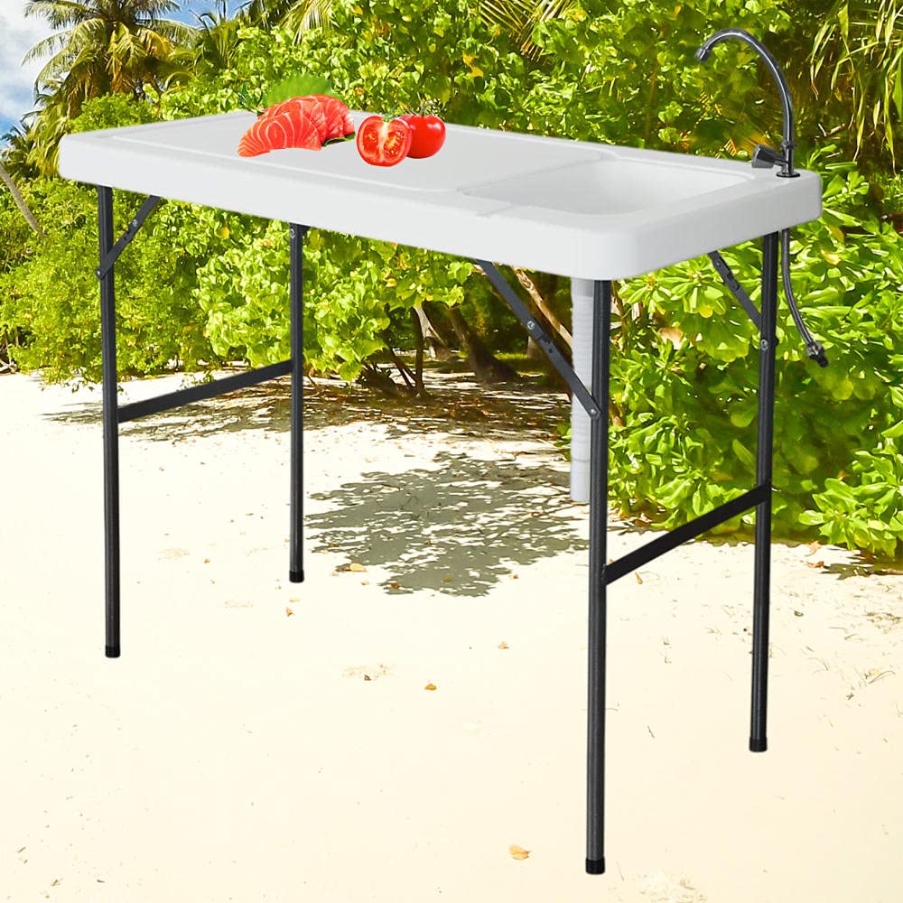 Fish Cleaning Table with Sink and Sprayer Camping Sink Table Portable Folding Camping Table Fish Fillet Hunting Cleaning Cutting Table Outdoor Gardening' Removable Picnic Table-White (with Sprayer)