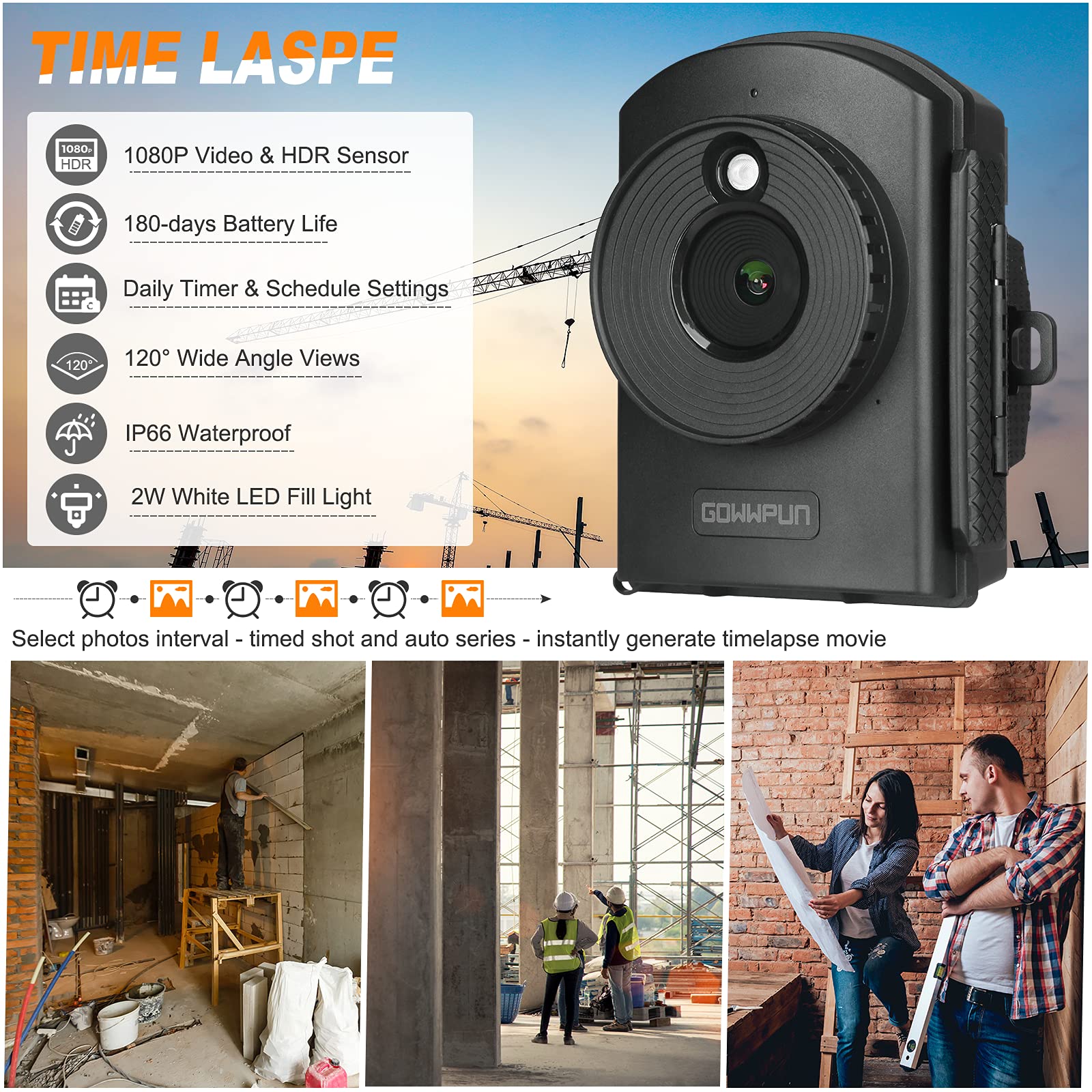 GOWWPUN Time Lapse Camera Construction - Outdoor Security Timelapse Camera Perfect for Construction Outdoor,Working at Home,School,Tourism Record,2.4''LCD,120° Angle View,IP66 Waterproof