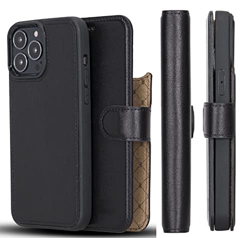 VENOULT Compatible with iPhone 14 Plus Wallet Case for Man or Women, 14 Pro / 14 Pro MAX / 13 MAX Full Grain Genuine Leather Detachable, Compatible Magsafe Wireless Charging and Car Mount, HANDMADE
