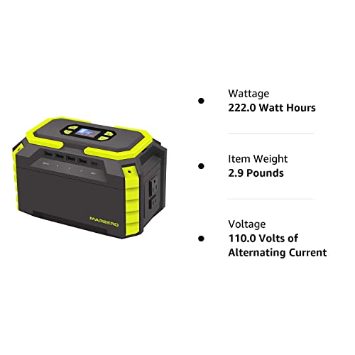 MARBERO Portable Power Station 222Wh Camping Generator Lithium Battery Power Supply with 110V/200W(Peak 300W) AC Outlet, DC Ports, USB QC 3.0 Ports LED Flashlights for CPAP Home Camping Emergency