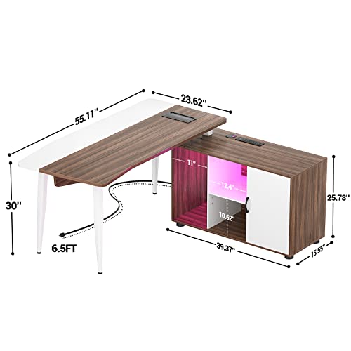 Unikito L Shaped Desk with File Cabinet and Power Outlet, 55 Inch Large Corner Computer Desks with LED Light Strip, L-Shaped Computer Desk with Door and Storage Shelves for Home Office, Walnut & White
