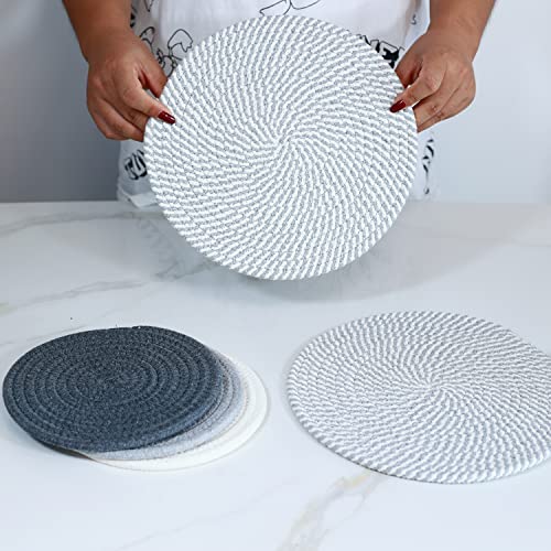 X Large 10 Inches Potholders Set 5 Pcs Trivets Set 100% Cotton Hand Woven Round Place Mats for Kitchen Absorbent, Insulated, Scratch Free Table Protection 2 Pcs 10" and 3 Pcs 7"