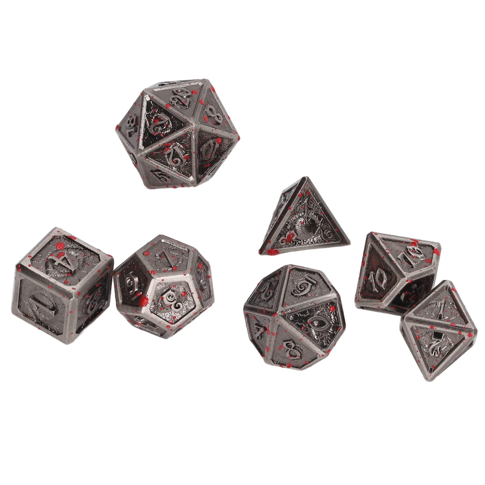 KLEOAD 7PCS Polyhedra Metal Dices Multiple Sides Engraving Number Pattern Dice Set for Table Game, Polyhedral Dice Set, Metal Dice Set for Role Playing Table Games(Electroplated Red Spots)