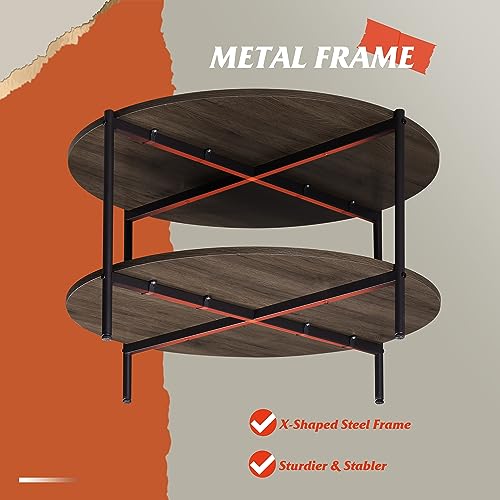 WLIVE Round Coffee Table, Living Room Table with 2-Tier Storage Shelf,32in Wood Modern Coffee Table with Metal Frame and Wood Desktop,Easy Assembly,Brown Walnut.