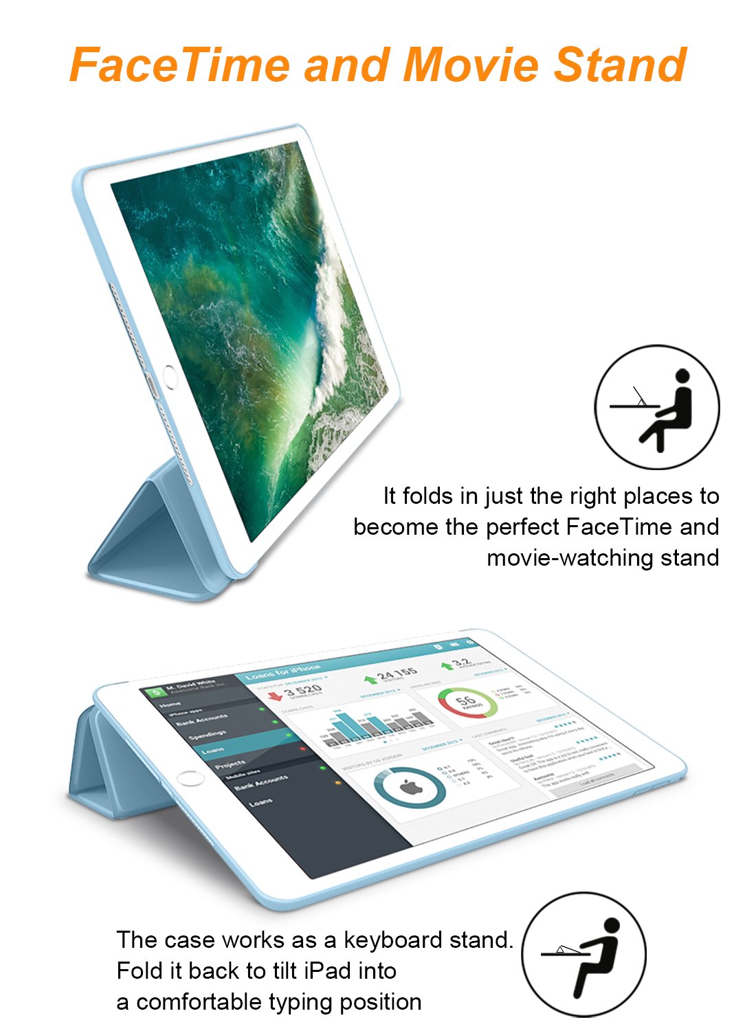 DTTO for iPad 9.7 Case 2018 iPad 6th Generation Case / 2017 iPad 5th Generation Case, Slim Fit Lightweight Smart Cover with Soft TPU Back Case for iPad 9.7 2018/2017 [Auto Sleep/Wake] - Sky Blue