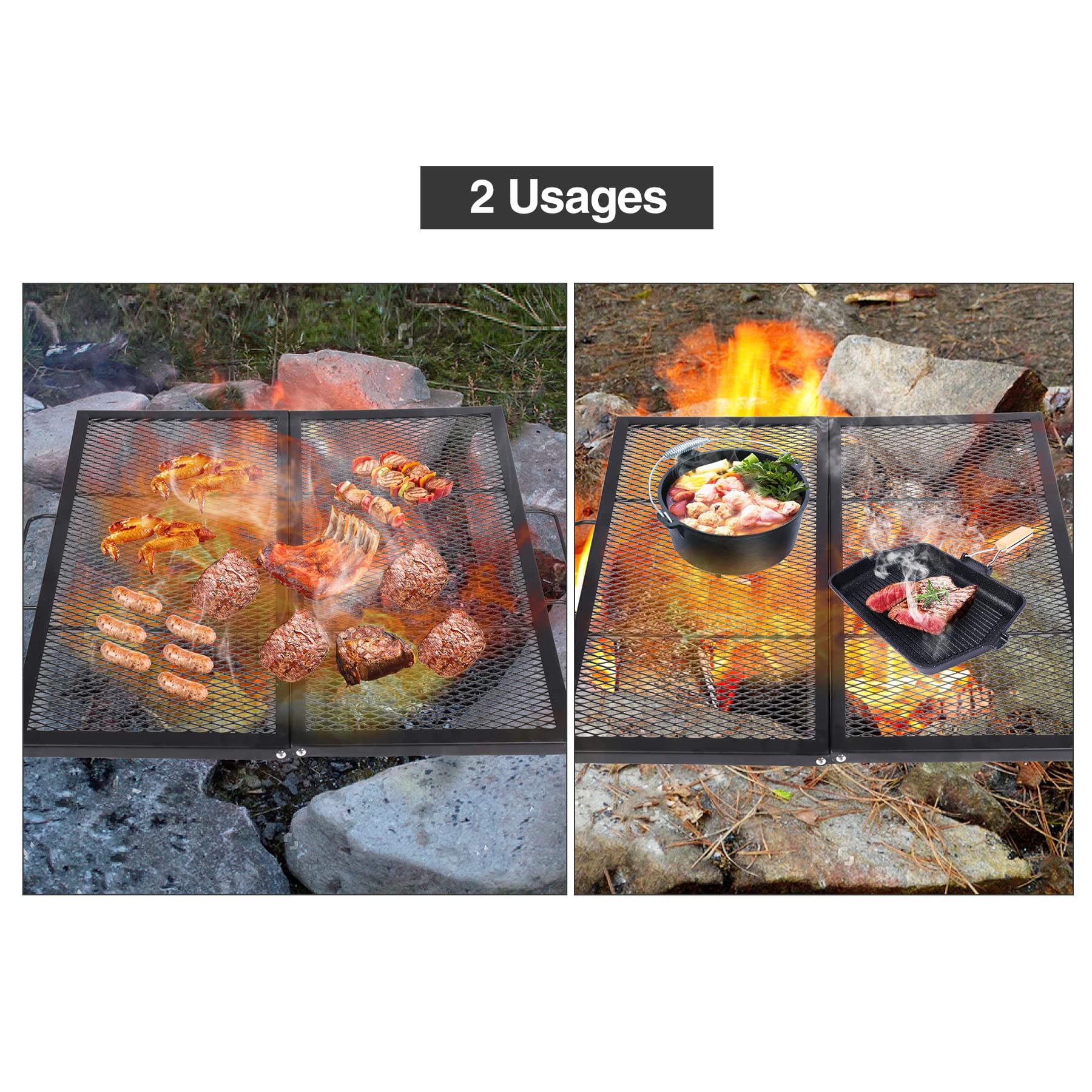 Lineslife Square Fire Pit Cooking Grill Grates, Folding Outdoor Campfire BBQ Grill Rack with Handles, Portable Outside Camping Gear Cookware and Accessory, 30 Inch